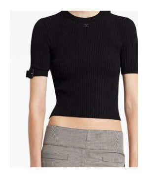 COURREGES Courrèges Ribbed Knit Buckle Detail T-shirt - Black