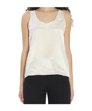 Celine Silk Satin Embroidered Sleeveless Top With Lace Trim