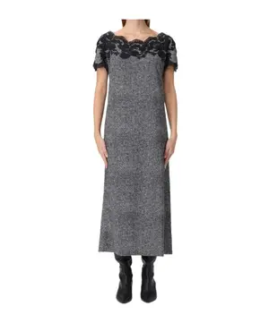 Ermanno Scervino Short Sleeve Lace Trimmed Plaid Maxi Dress