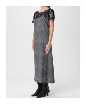 Ermanno Scervino Short Sleeve Lace Trimmed Plaid Maxi Dress
