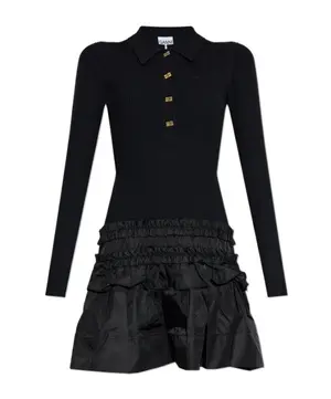 GANNI Rib Knit Ruffle Mini Dress