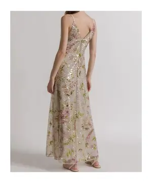 Alberta Ferretti Sequined Floral Print Maxi Dress - Nude