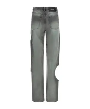 Off-White Logo Patch Straight-leg Jeans With Perforated Ring Detail - Gray