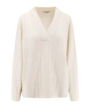 Max Mara Cashmere Yarn V-neck Sweater With Ribbed Pattern And Logo Detail