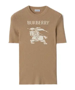 Burberry Metallic Logo & Equestrian Knight Design Short Sleeve Knit Top - Archive Beige/gold