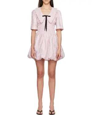 GANNI Checked Mini Dress With V-neck And Bow Detail