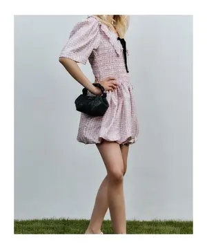GANNI Checked Mini Dress With V-neck And Bow Detail