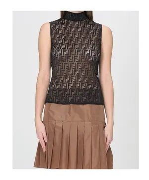 Fendi Sleeveless High-neck Ff Motif Lace Top - Black