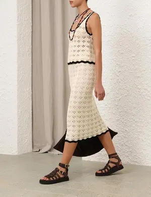 Zimmermann Rhiannon Crochet Midi Skirt - Cream/black