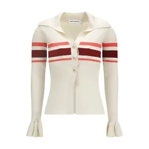SELF-PORTRAIT Striped Ribbed Cardigan With Ruffled Cuffs - White