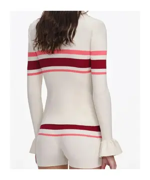 SELF-PORTRAIT Striped Ribbed Cardigan With Ruffled Cuffs - White