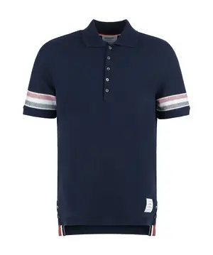 Thom Browne Logo Patch Striped Polo Shirt - Navy Blue