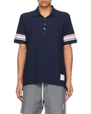 Thom Browne Logo Patch Striped Polo Shirt - Navy Blue
