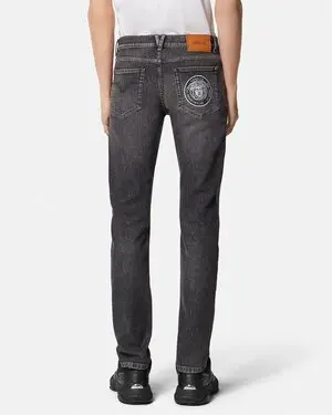 Versace La Medusa Embroidered Jeans - Grey