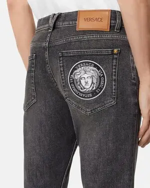 Versace La Medusa Embroidered Jeans - Grey