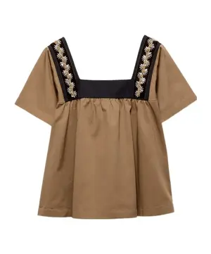 Prada Embroidered Old Gabardine Top - Cork Beige
