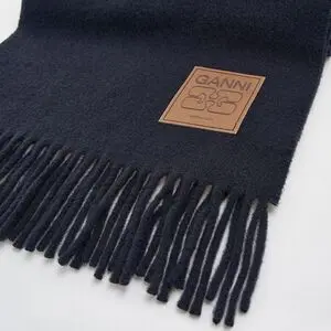 GANNI Logo Patch Fringed Scarf - Black