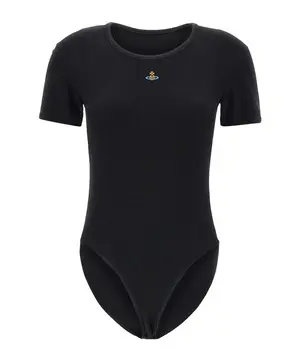 VIVIENNE WESTWOOD Short Sleeve Ribbed Bodysuit With Orb Embroidery - Black
