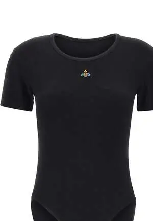 VIVIENNE WESTWOOD Short Sleeve Ribbed Bodysuit With Orb Embroidery - Black
