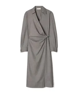 Tory Burch Wool Wrap Dress With Waist Buckle - Gray