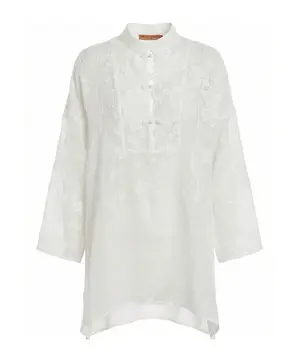 Ermanno Scervino Embroidered Sheer Panel Mandarin Collar Top - White