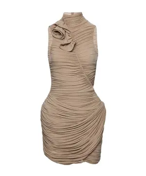 Magda Butrym Ruched Floral Appliqué High Neck Dress