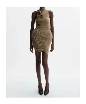 Magda Butrym Ruched Floral Appliqué High Neck Dress