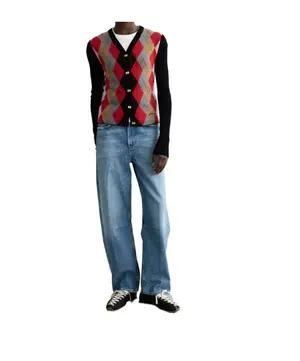 GANNI Long Sleeve V-neck Cardigan With Argyle Pattern