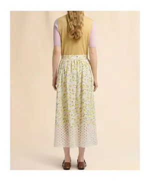 Marni Brushstroke Wave Printed Midi Skirt With Embroidered Lace Hem - Nude