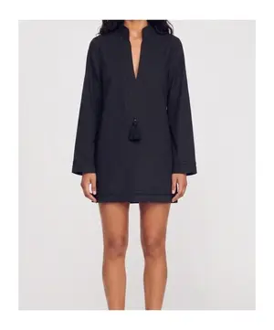 Tory Burch V-neck Tunic With Fringe And Herringbone Trim - Black