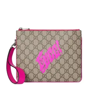 Gucci Pouch With Wrist Strap - Beige And Dark Brown