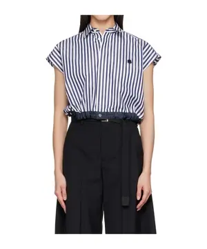 Sacai Striped Cropped Shirt With Embroidered Logo - Blue