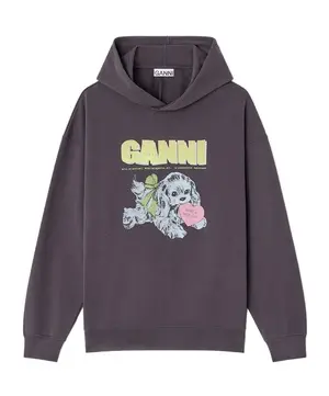 GANNI Oversized Puppy Print Hoodie - Dark Grey