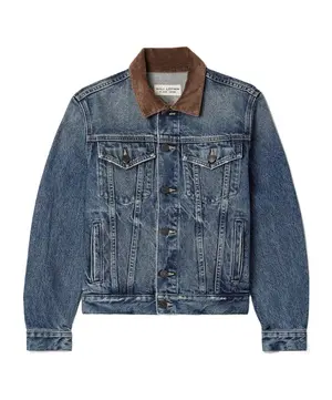 NILI LOTAN Slim Fit Distressed Denim Jacket With Corduroy Trim