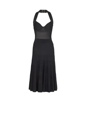 Balmain Halterneck Pleated Knit Midi Dress - Black