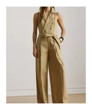 Ralph Lauren Sleeveless Lapel Neck Belted Wide-leg Jumpsuit - Beige