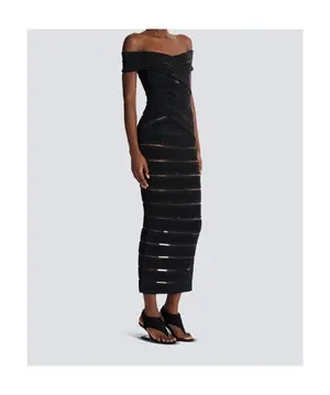 Balmain Off-the-shoulder Sequin Mesh Knit Dress - Black