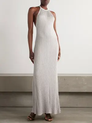 TOM FORD Metallic Halterneck Ribbed Knit Maxi Dress