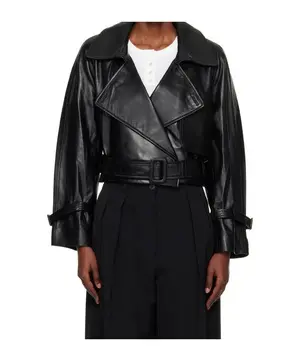 Nour Hammour Cropped Belted Leather Jacket - Black