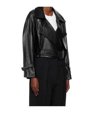 Nour Hammour Cropped Belted Leather Jacket - Black