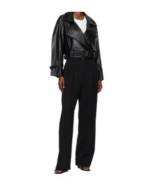 Nour Hammour Cropped Belted Leather Jacket - Black