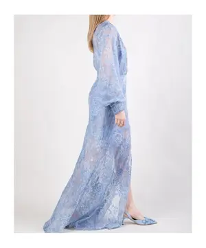 ERMANNO FIRENZE Sheer Long Sleeve V-neck Gown With Front Slit And Puff Sleeves