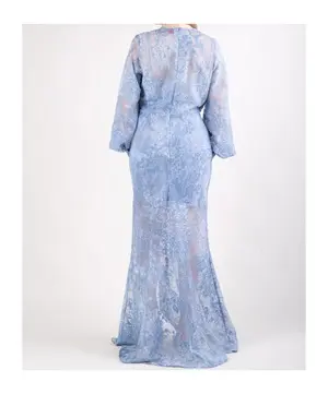 ERMANNO FIRENZE Sheer Long Sleeve V-neck Gown With Front Slit And Puff Sleeves