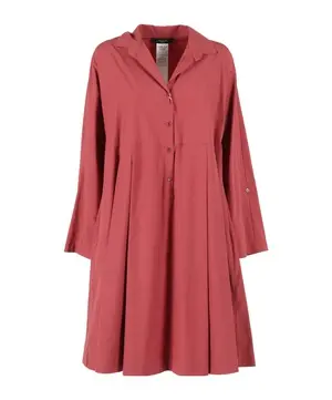 Max Mara Collared Buttoned Long Sleeve Pleated Dress - Red