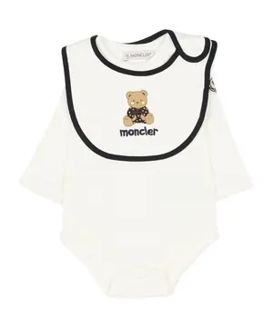 Moncler Teddy Bear Logo Onesie And Bib Set - White