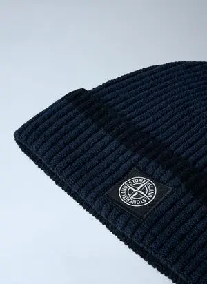 Stone Island Compass Patch Ribbed Beanie - Black