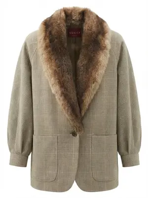 Gucci Prince Of Wales Wool Jacket With Shearling Collar - Beige And Brown