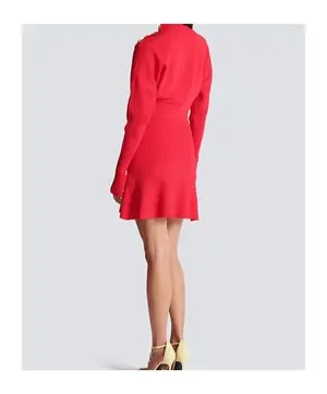 Balmain High Neck Long Sleeve Knit Dress - Red