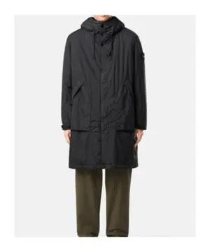 Stone Island Hooded Drawstring Coat With Logo Patch - Black