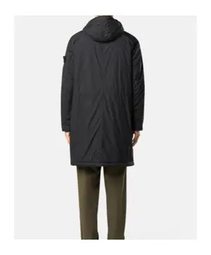 Stone Island Hooded Drawstring Coat With Logo Patch - Black